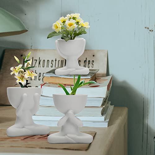 3 Pack Ceramic Succulent Plant Pot, Creative Human Shaped Planter, Decorative Resin Succulent Planter Vase Human Face Flower Pot Plant Container Bonsai Holders Desktop Flower Table Art Statue, White