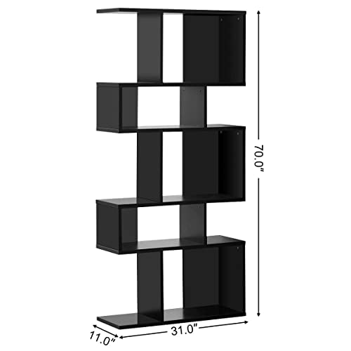 Giantex 5-Tier Geometric Bookshelf Black, 70'' Tall Wood Freestanding Decorative Display Open Shelves with Anti-Tipping Device, Each Shelf Holds up to 44 lbs, Wooden S Shaped Bookcase
