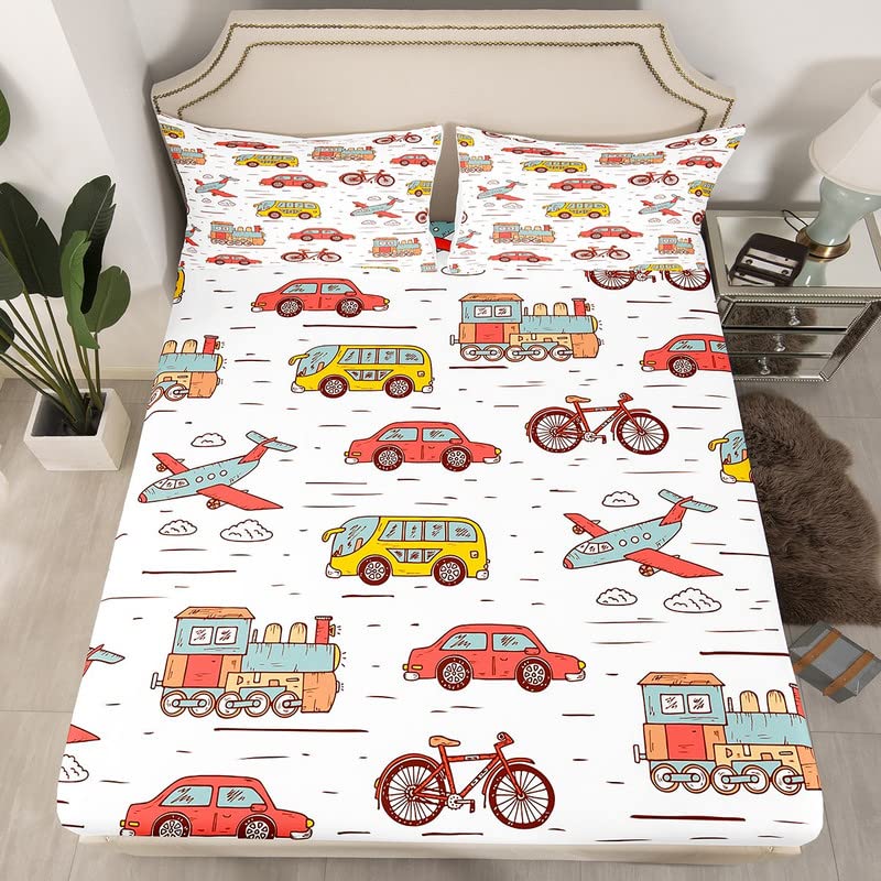 Feelyou Cartoon Car Bed Sheets Set Kids Train Airplane Print Sheet Set Boys Girls Decor Bus Bicycle Rider Sheets with Deep Pocket Fitted Sheet Microfiber Aircraft Red Bedding Set Bedroom Queen