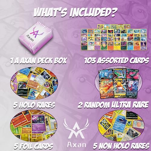 A Axan Ultra Rare Bundle Compatible with Pokemon Cards | Includes 120 assorted cards | 2 Random Ultra Rares, 5 Holo Rares, 5 Foils, 5 Non Holo Rares, and 103 C/UC Cards