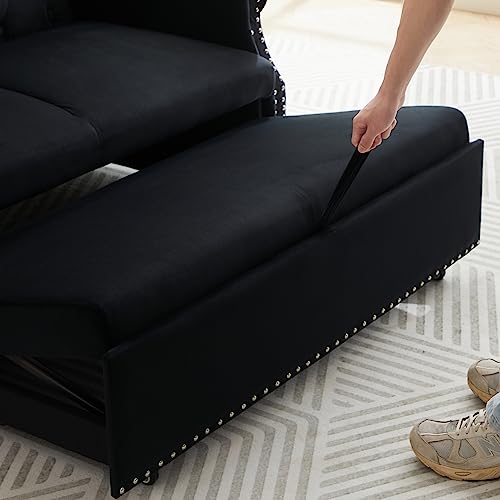3 in 1 Sleeper Sofa Couch, Velvet Convertible Loveseat Sleeper with Adjustable Backrest, Pull Out Sofa Bed for Living Room Apartment, 55" Black