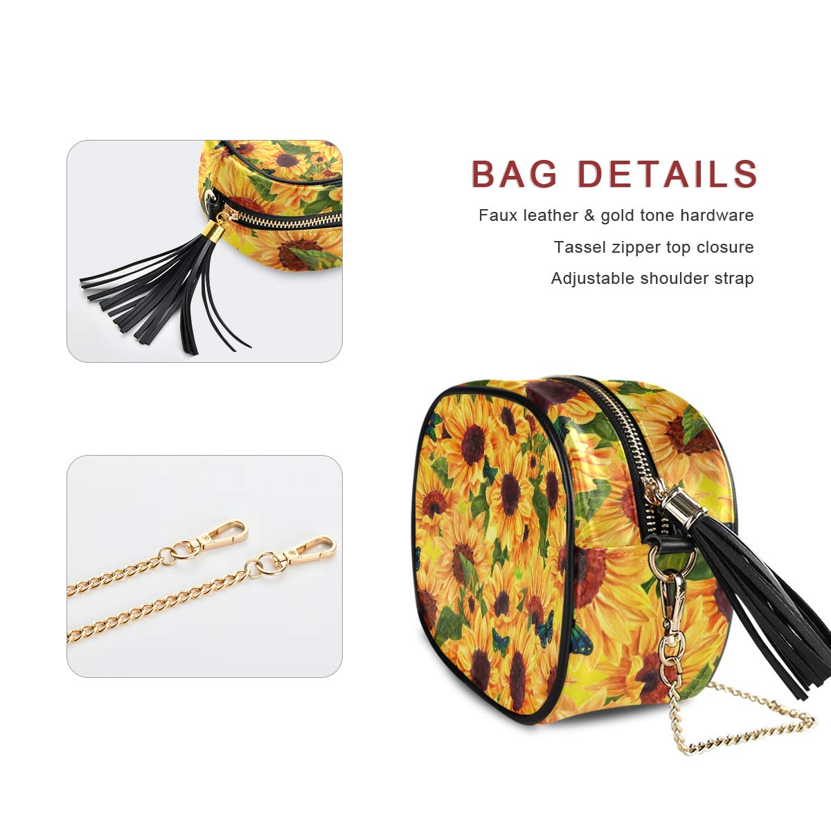 ALAZA Women's Vintage Sunflower with Butterfly Cross Body Bag Chain Shoulder Handbag Purse with Tassel