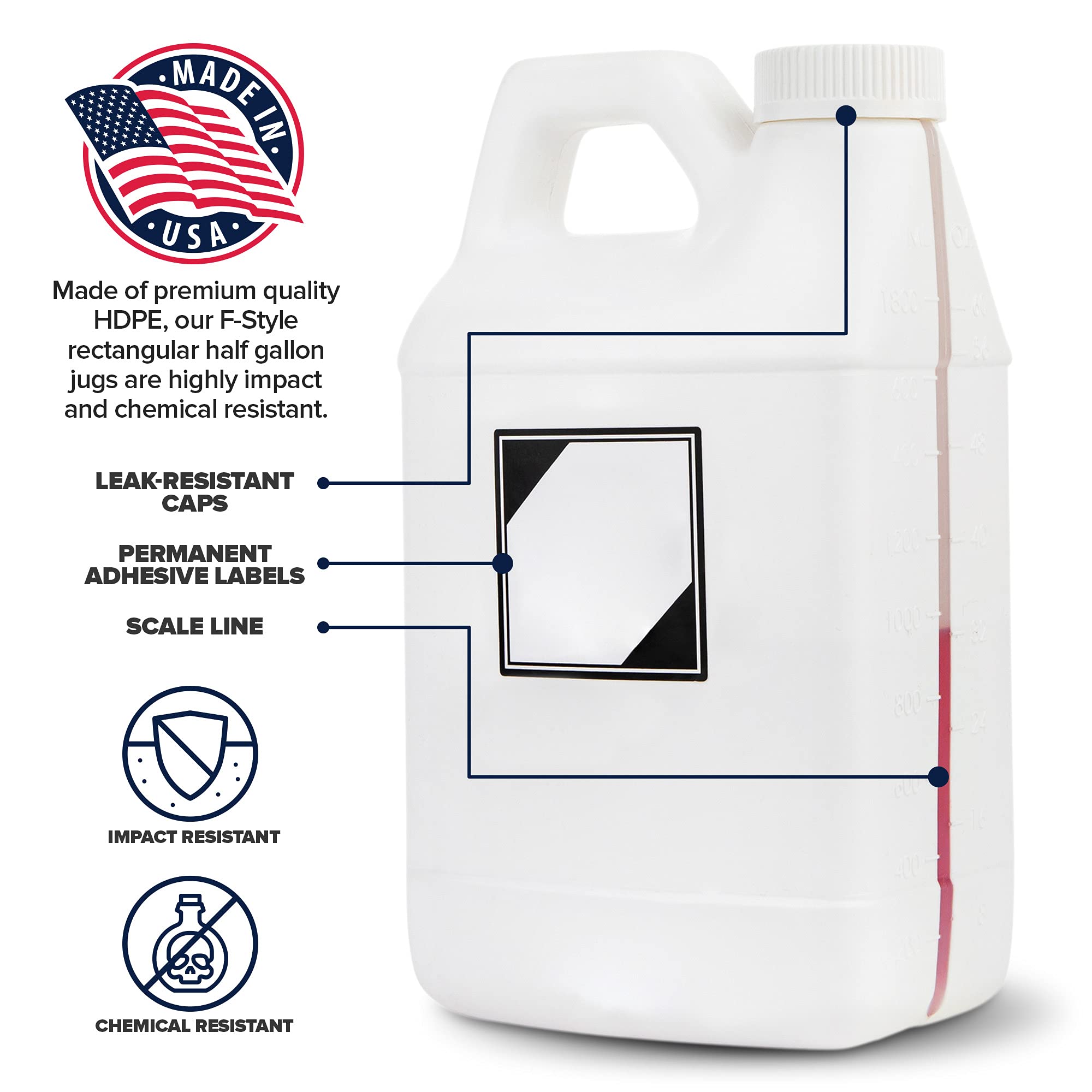 Stock Your Home 64 oz Plastic F-Style Half Gallon Jugs with Labels (3 Pack) - Child Proof Leak Resistant Caps - Impact Resistant Plastic Jugs for Commercial or Restaurant Use - Adhesive Stickers