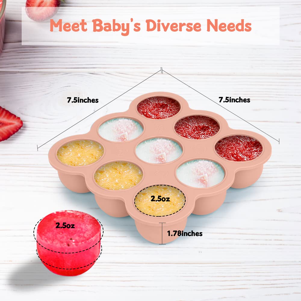 KingKam Baby Food Storage Container - 9x2.5oz Silicone Freezer Tray with Clip-on Lid - Oven & Dishwasher Safe- Easy-Out Portions, 100% Food Grade Safe