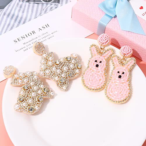 2 Pairs Easter Earrings for Women Beaded Easter Egg Bunny Earrings Letter HAPPY EASTER Earrings Cute Rabbit Dangle Earrings Spring Holiday Jewelry Gifts (Style C)