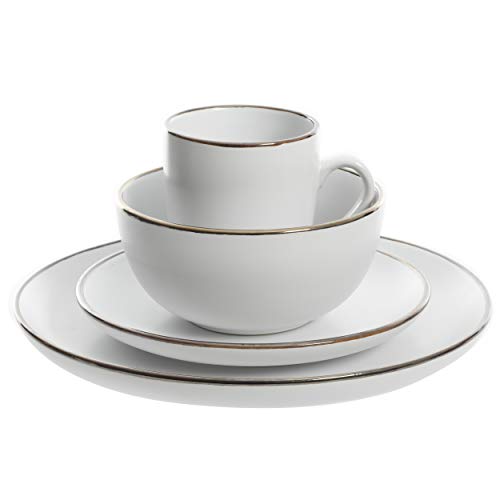 Gibson Home Rockaway Round Stoneware Dinnerware Set, Service for 4 (16pcs), Matte White/Metallic Rim