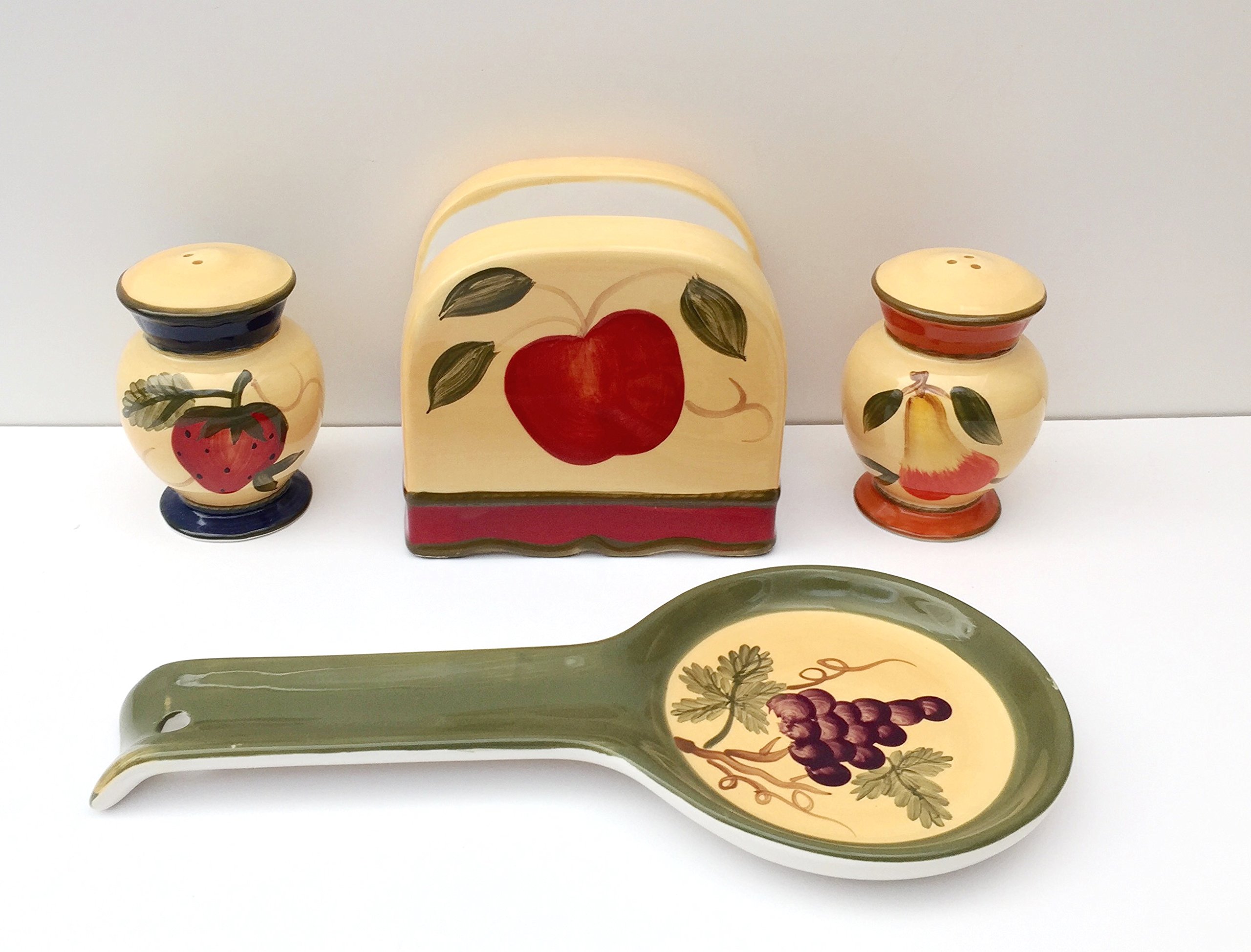 ACK Tuscany Garden Ceramic Colorful Hand Painted Mixed Fruit 4PCs Stove/Table Top Set,Pepper and Salt Shakers,Napkin Holder and Spoon Rest, Kitchen Décor