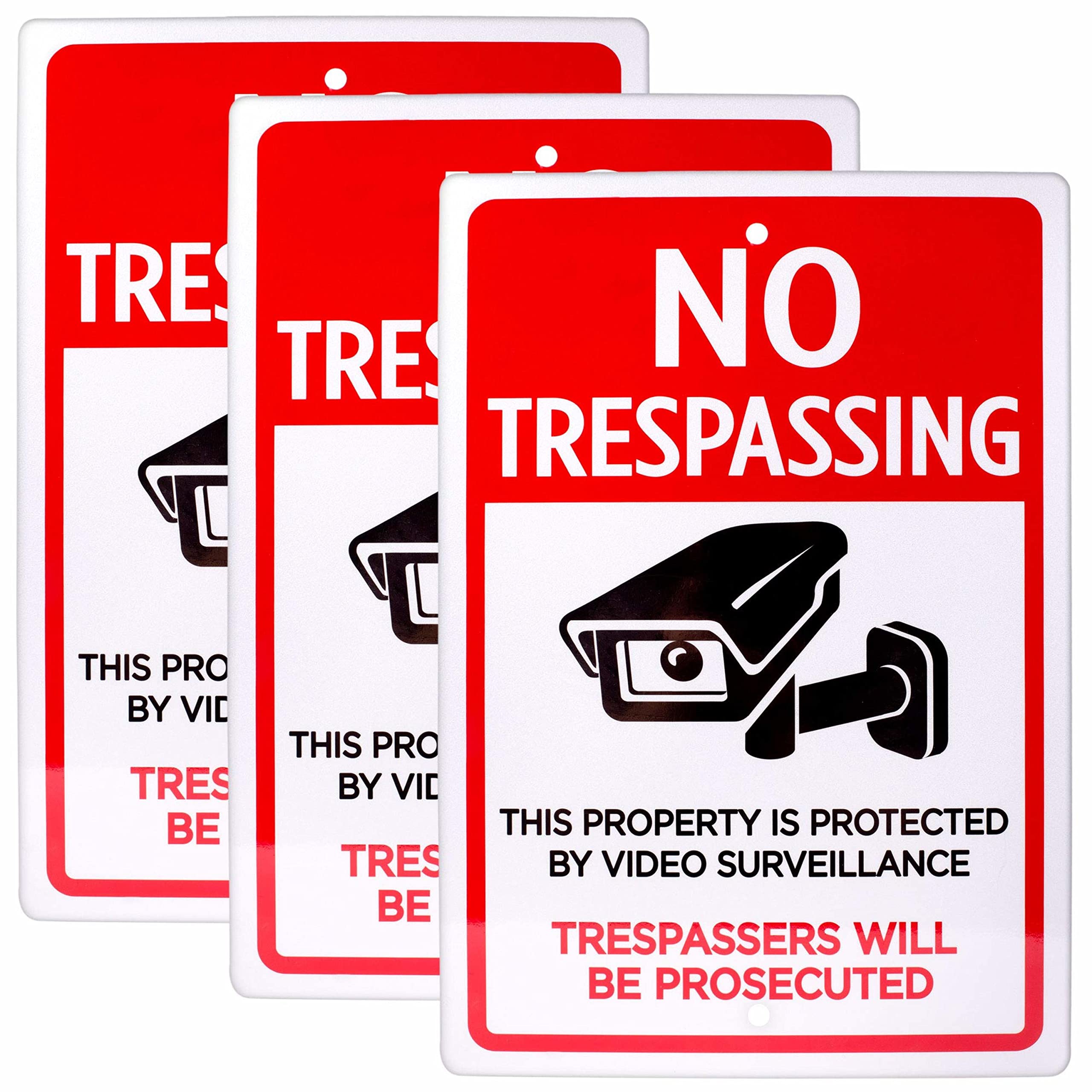 Bolthead Industrial No Trespassing Sign 3-Pack | 18inches x 12inches Reflective Video Surveillance Pre-Drilled Metal Industrial Warning Sign for Private Property, Parking Lots, Home Driveways, Yards, Businesses, Security Cameras
