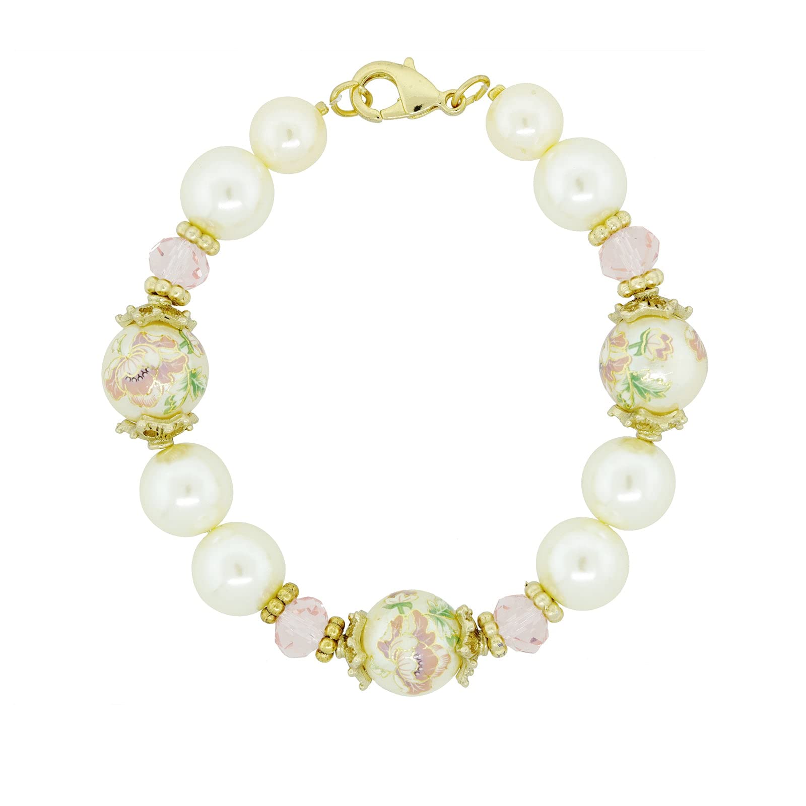 1928 Jewelry Women's Gold Tone Flower Decal Faux Pearl Pink Crystal Bracelet