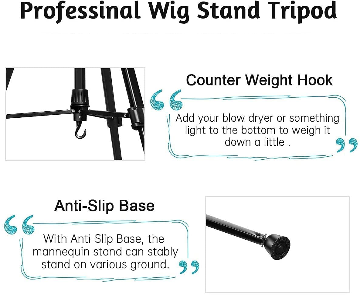 DANSEE Wig Stand Tripod, Metal Mannequin Head Stand Adjustable (24 - 64 inch)