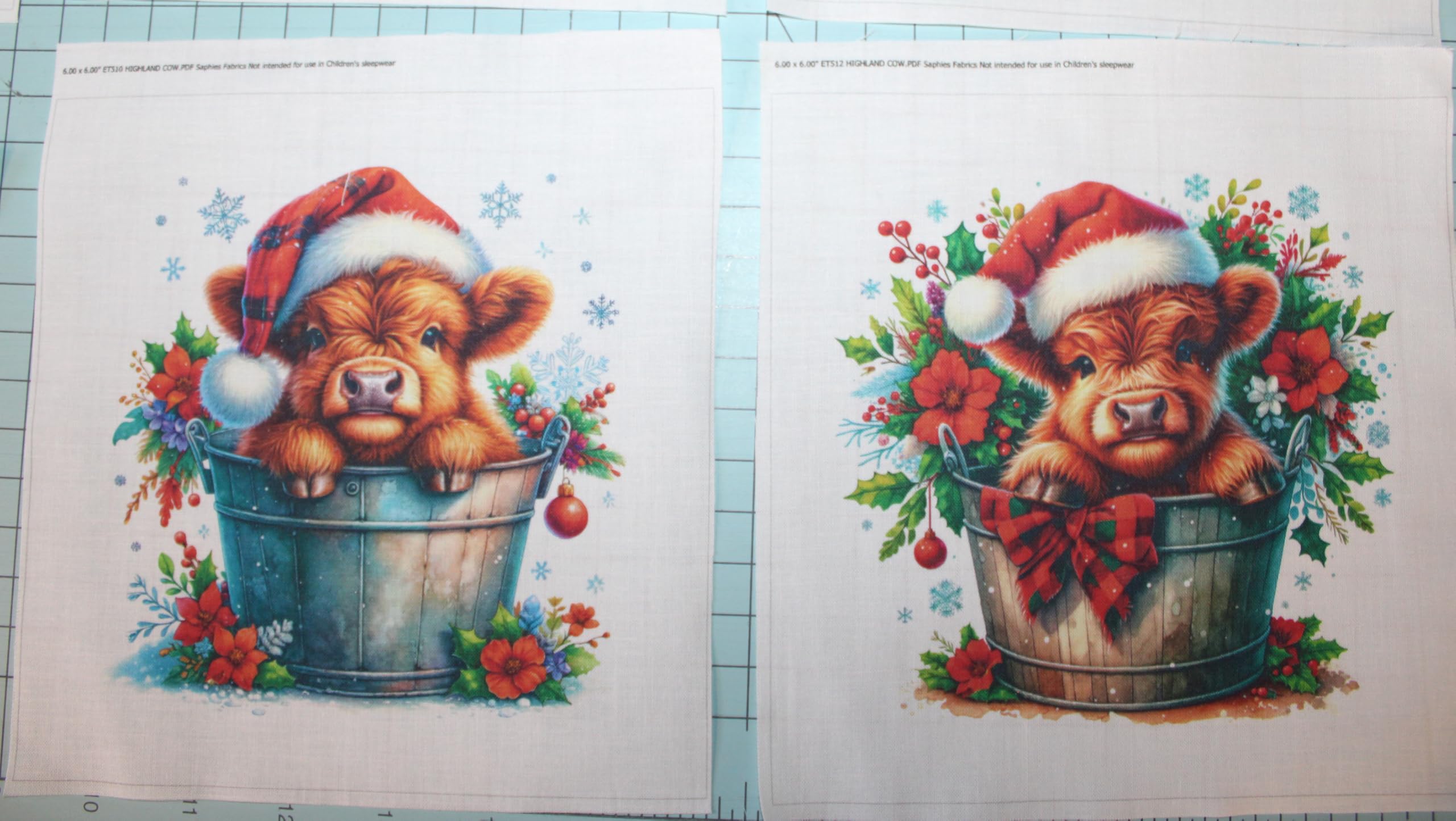 4 Piece 6"x6" Christmas Highland Cows 100% Cotton Fabric Panel Squares - Quilting Sewing Blocks