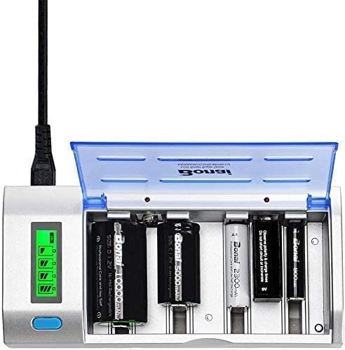 BONAI LCD Universal Battery Charger - Discharge Function - for Ni-MH Ni-CD AA, AAA, C, D, 9V Rechargeable Batteries with Rechargeable AA Batteries 2800mAh 1.2V Low Self Discharge (Pack of 8)