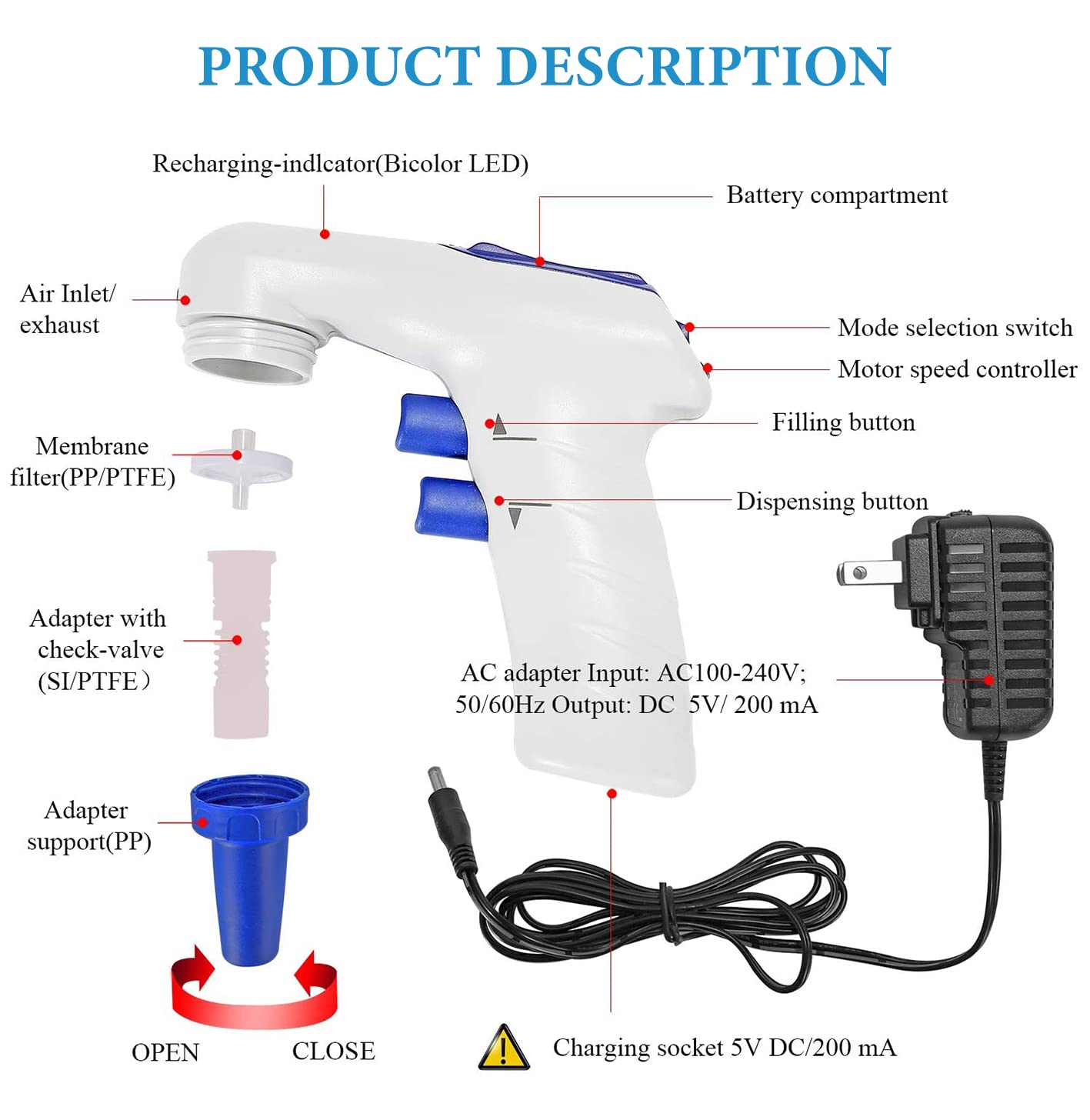 CGOLDENWALL Electric Pipettor Large Volume Automatic Motorized Pipette Filler Portable Pipette Controller for Biology Chemical Lab Speed Adjustable High Accuracy 0.1-200ML