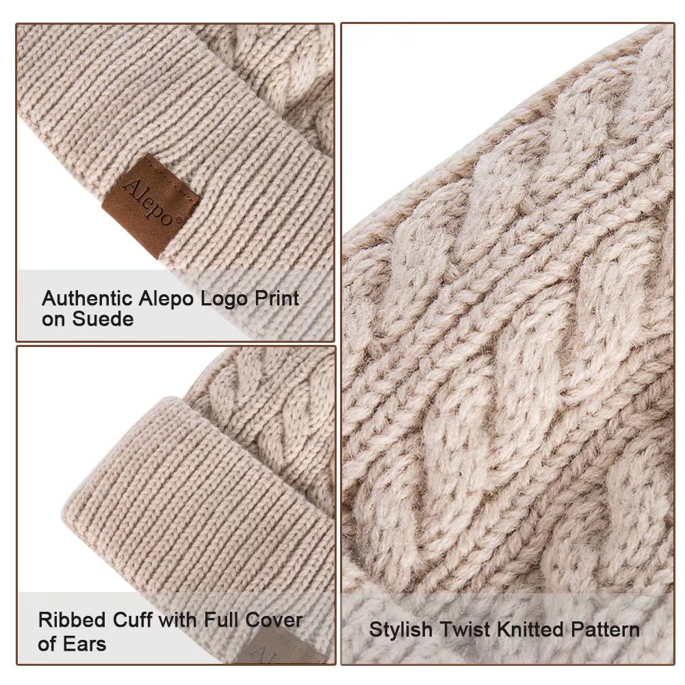 Alepo Womens Winter Beanie Hat, Warm Fleece Lined Knitted Soft Ski Cuff Cap with Pom Pom(Dark Gray+Oatmeal)