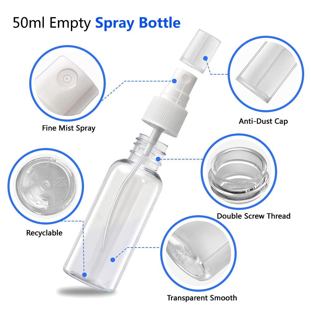 Mini Spray Bottles, 2oz/50ml Small Spray Bottle, Plastic Travel Spray Bottle for Liquids, Refillable Hand Spritzer Bottles for Liquids, Clear Alcohol Spray Bottles with Small Funnel and Bottle Labels