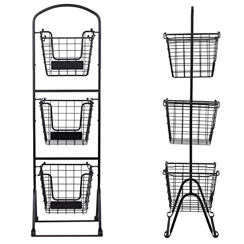 BIRDROCK HOME 3-Tier Wire Market Basket Stand with Chalk Label - Snack Fruit Vegetable Produce Metal Hanging Storage Bin for Kitchen Pantry - Free-Standing or Stacking Organizer - Black