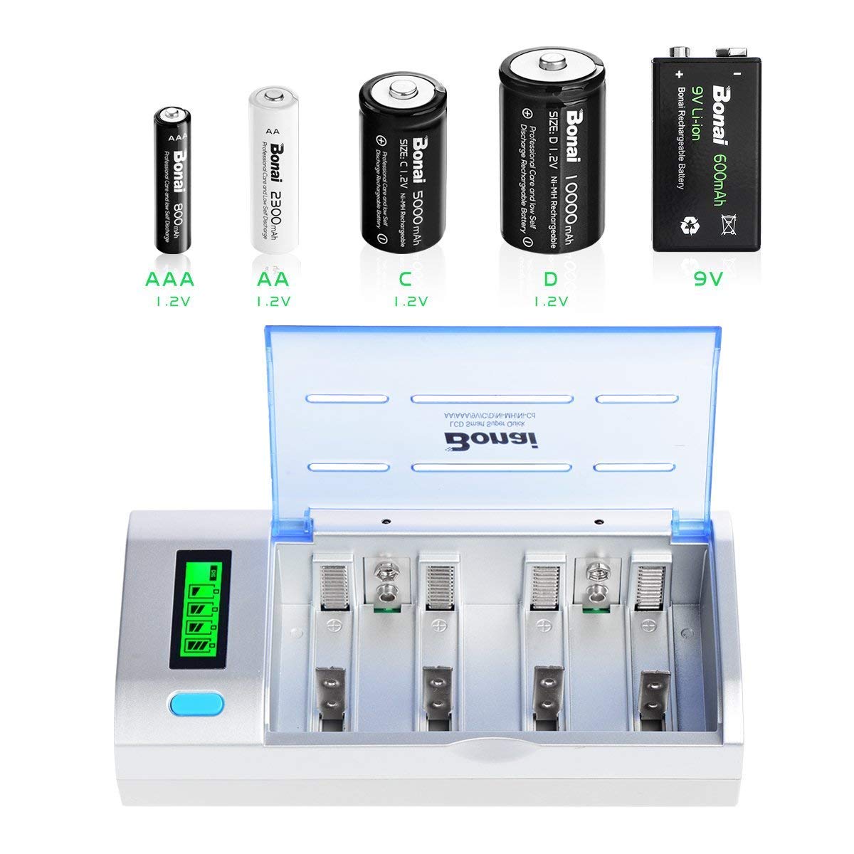 BONAI Rechargeable C Batteries 5000mAh 4-Counts with LCD Battery Charger for C D AA AAA 9V Ni-MH Ni-CD Batteries with D Cells 10,000mAh 1.2V Ni-MH High Capacity High Rate Battery 4 Pack