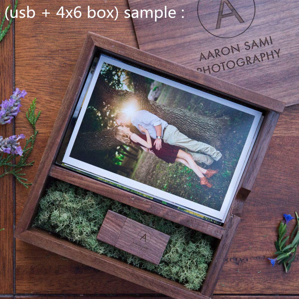 Custom USB Flash Drives Personalized with Your Logo, USB 3.0 Walnut Wooden USB Flash Pen Driver with Photo Wood Album Box,Laser Engrave Logo (32GB, one Walnut USB+4x6 Photo Box)