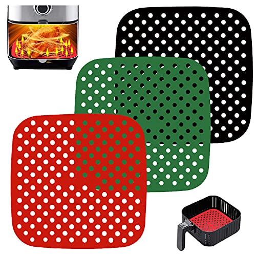 3 PCS Reusable Air Fryer Liners,Square Air Fryer Silicone Liners for Air Fryer Basket,Non-Stick Air Fryer Accessories Basket Mats Replacement for Parchment Paper, BPA Free. (Black Red Green, 8.5 in)
