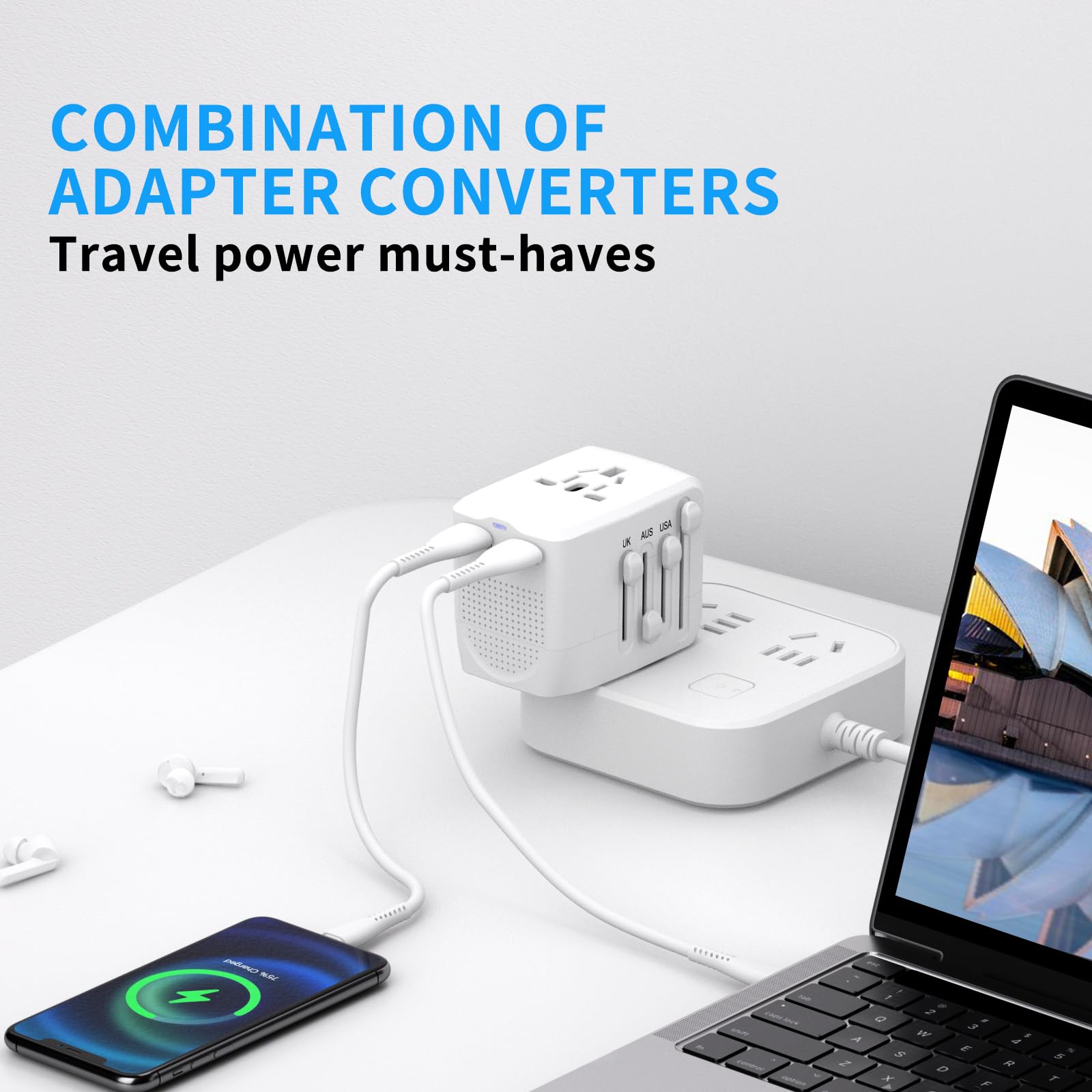 2000W Travel Voltage Converter, Universal Travel Adapter Voltage Converter Combo for 100V-240V, with 2 USB Ports, US to UK Europe Australia 200+ Countries Power Converter(White)
