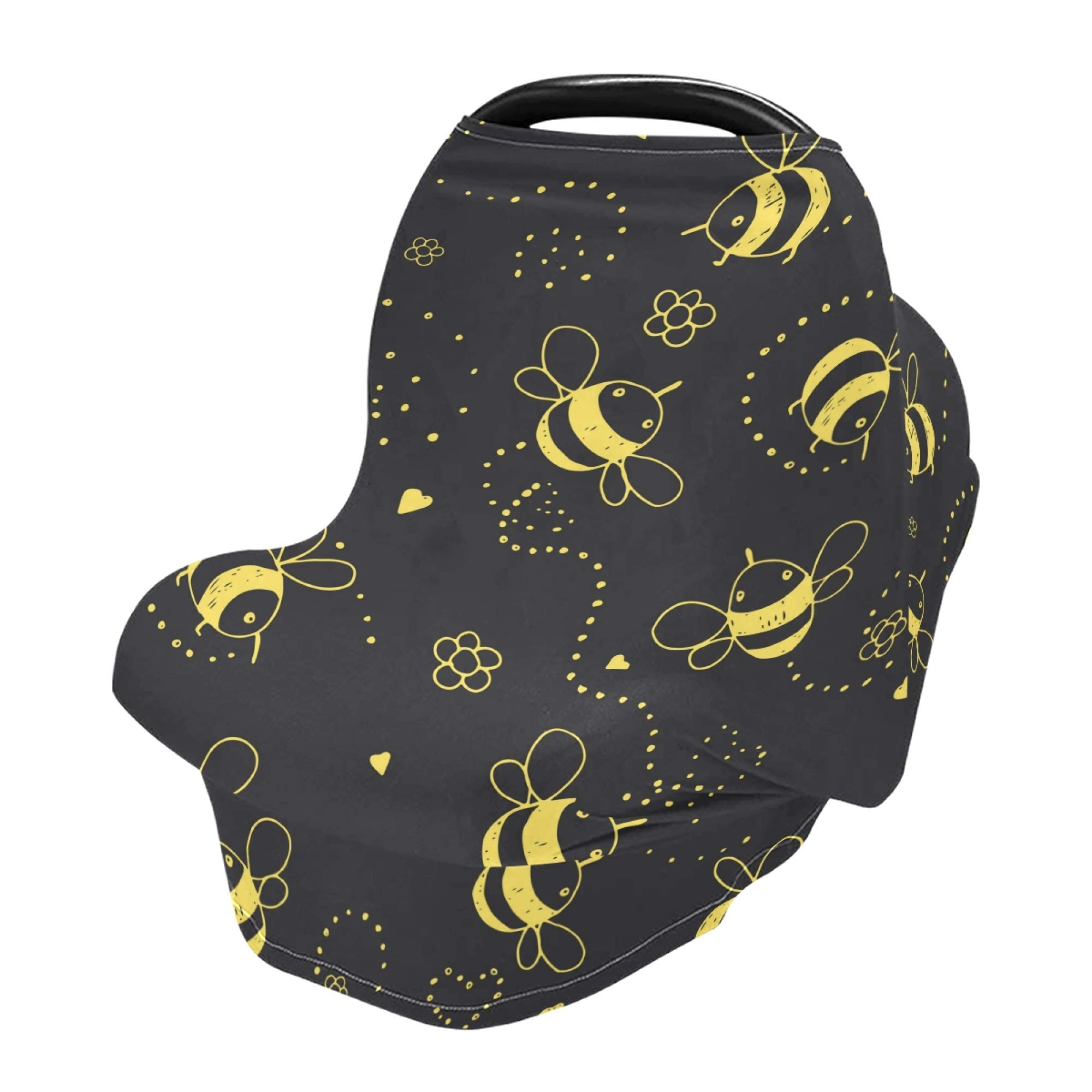 YYZZH Cartoon Cute Bee Flower Heart Pattern Doodle On Black Stretchy Baby Car Seat Cover Infant Canopy Nursing Covers Breastfeeding Cover Breathable Windproof Winter Scarf for Boys Girls