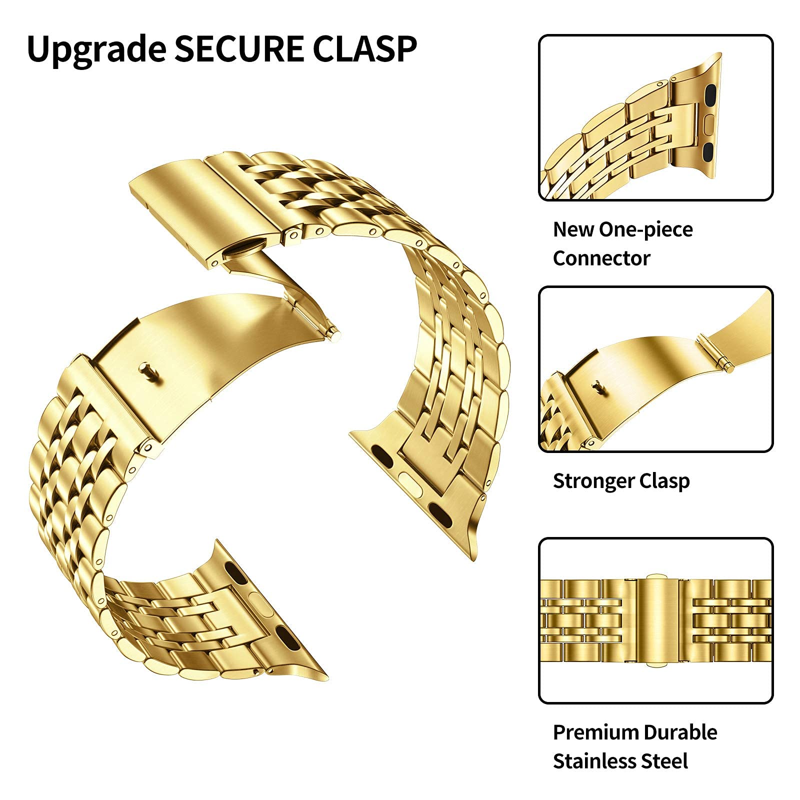 MioHHR Compatible with Apple Watch band 44mm 42mm (Not Series 10), Solid Stainless Steel Metal Strap for iWatch Series 6 5 4 3 2 1 SE, Gold