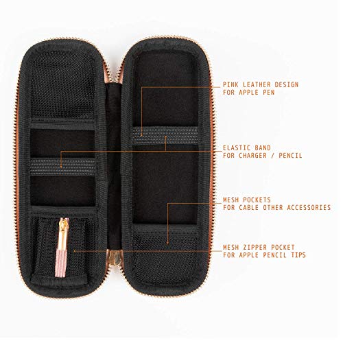 Comfyable Pencil Holder Pencil Case for Apple Pencil, Pen Accessories Elastic Strap Sleeve Protective Carrying Case for Stylus USB Cable AirPods with Mesh Pockets, Rose Gold