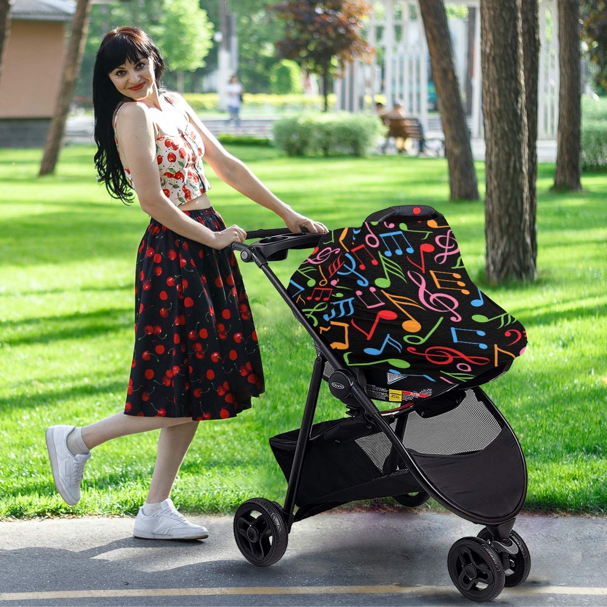 YYZZH Colorful Music Note Pattern On Black Stretchy Baby Car Seat Cover Infant Canopy Nursing Covers Breastfeeding Cover Breathable Windproof Winter Scarf for Boys Girls