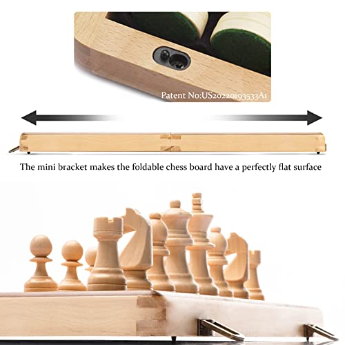 A&A 15 inch Wooden Folding Chess & Checkers Set w/ 3 inch King Height Staunton Chess Pieces / 2 Extra Queens - Beech Box w/Maple & Walnut Inlay