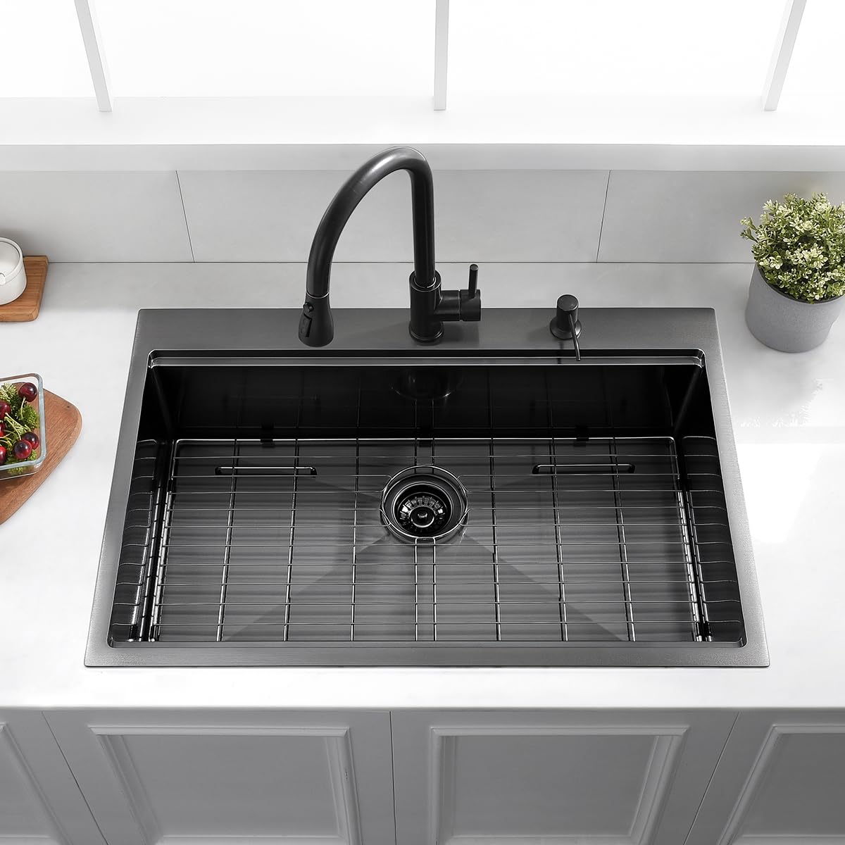 33 Drop In Black Workstation Kitchen Sink, Luckyhorse 33x22 16 Gauge Gunmetal Black Stainless Steel Sink Drop In Workstation Kitchen Sink LH007SB