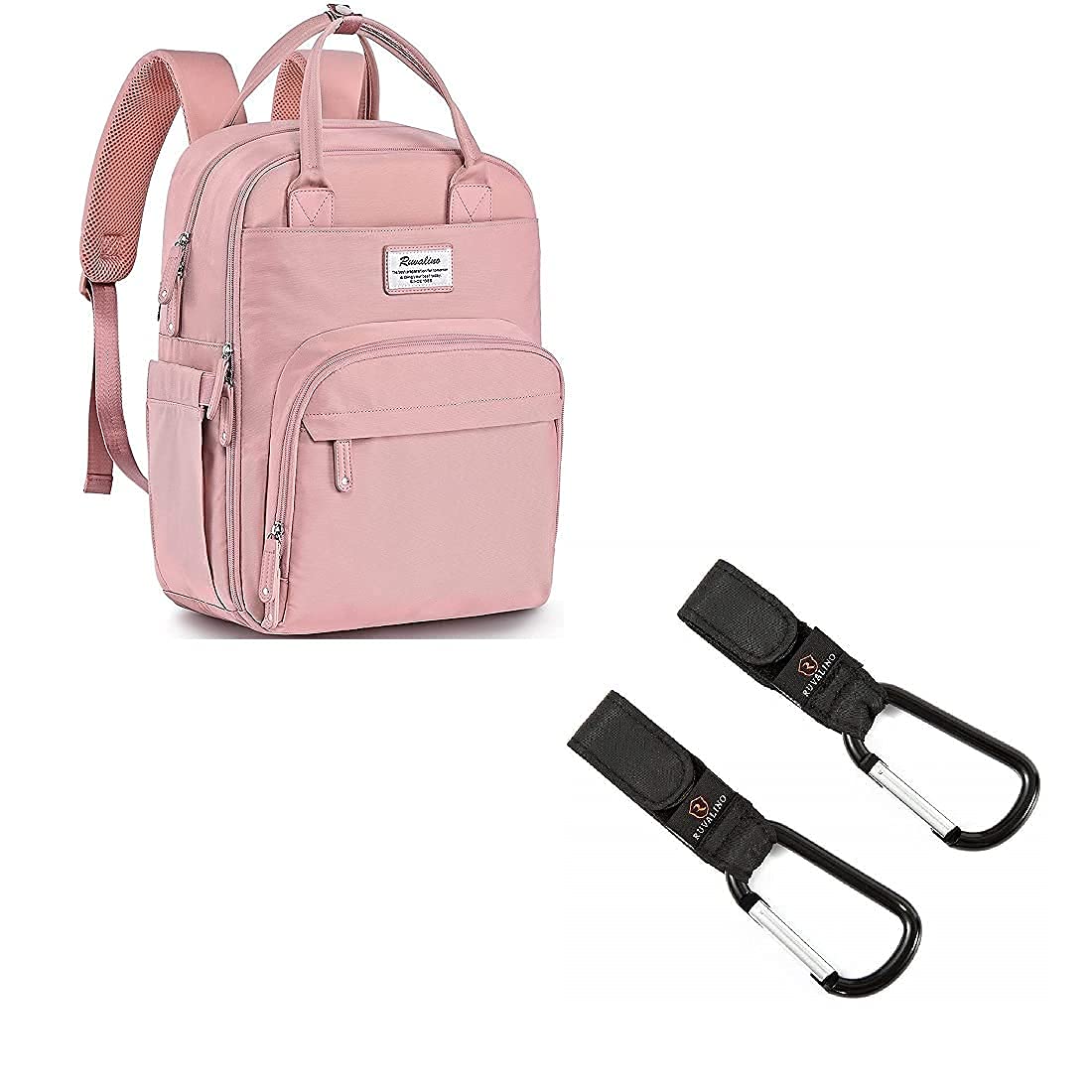 RUVALINO Diaper Bag Backpack, Stroller Hooks, Multifunction Travel Baby Back Pack with Changing Pad, Universal Stroller Clips for Mom Girls
