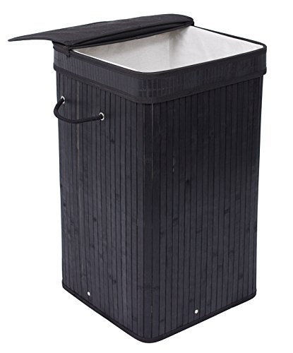 BIRDROCK HOME Square Laundry Hamper with Lid and Cloth Liner - Bamboo - Black - Easily Transport Laundry Basket - Collapsible Hamper - String Handles