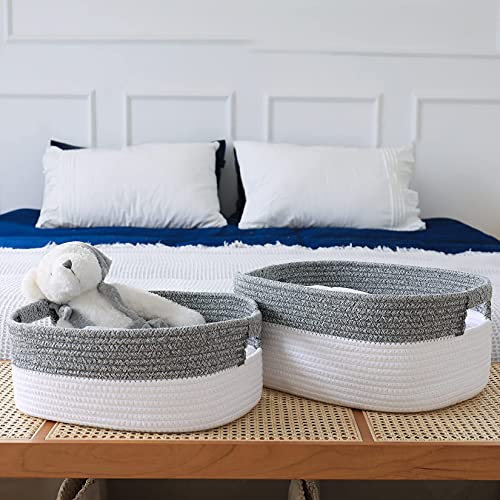 LA JOLIE MUSE Rectangle Cotton Rope Storage Basket Set of 2, Natural and Safe For Baby Kids Nursery, Two-Tone Woven Decorative Baskets, White & Gray