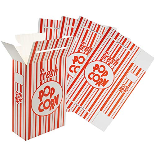 Fasmov 100 Pack Paper Popcorn Boxes, 6" L x 2 1/2" W x 8 1/2"H Close Top Movie Theater Popcorn Boxes, Popcorn Containers for Movie Party and Theater Night (Red and White Stripes)