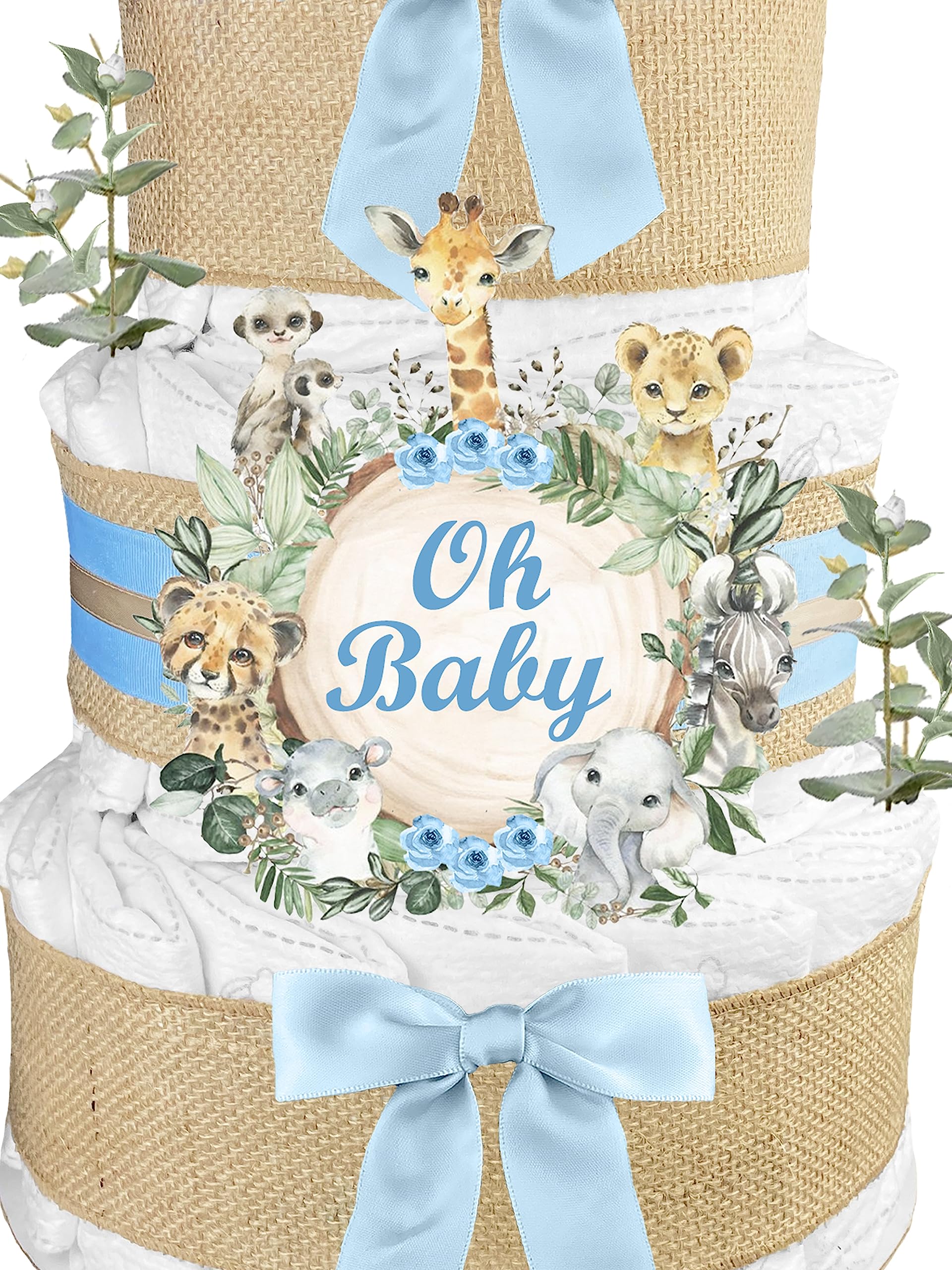 Sunshine Gift Baskets Safari Diaper Cake - Boy Gift - Burlap & Blue - 42 Pampers Swaddlers Size 1 (8-14lbs.) - Large 3-Tier 10in. x 10in. x 16in. Tall