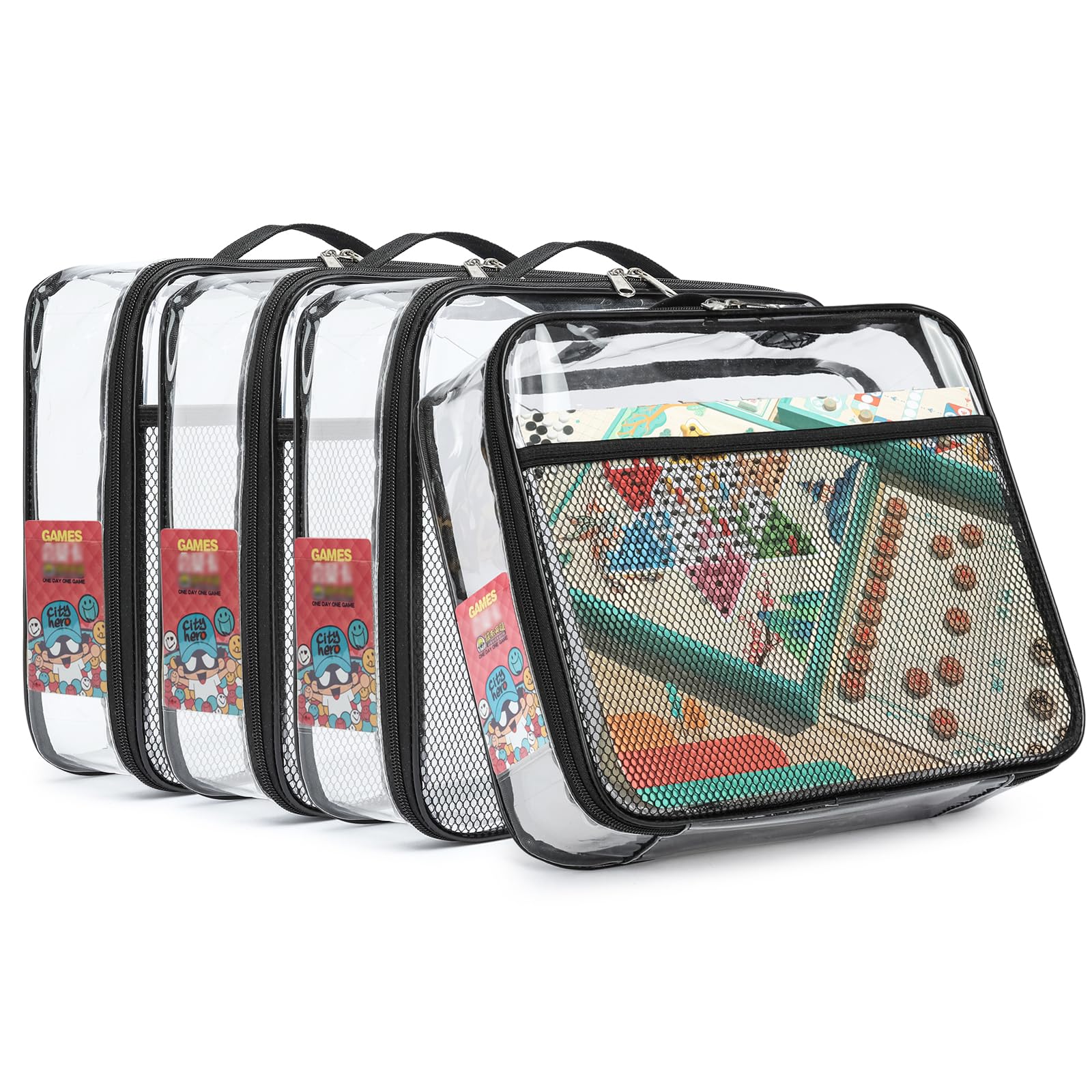 4 Pack Clear PVC Zippered Toy Storage Bags for Toy, Kids Toy, Building Blocks, Puzzle, Clay, Board Game Storage Organizer Travel Waterproof Bliss Bins With Name Tag Pocket (Black, Large)