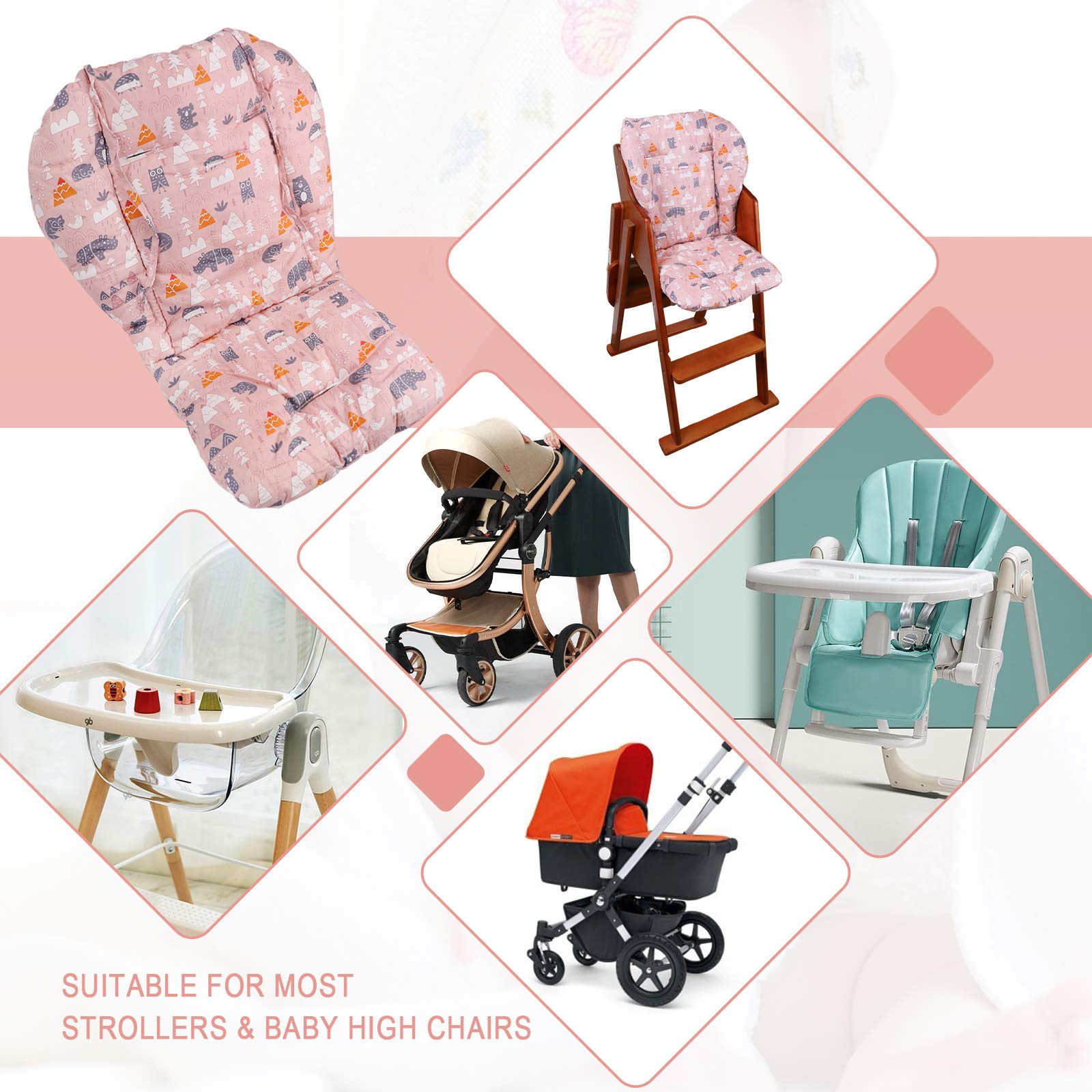Longwuny High Chair Cushion, High Chair Cover Padhigh Chair Pad Cover, Soft and Comfortable, Light and Breathable, Make The Baby Sit More Comfortable (Pink Forest Animal Pattern)