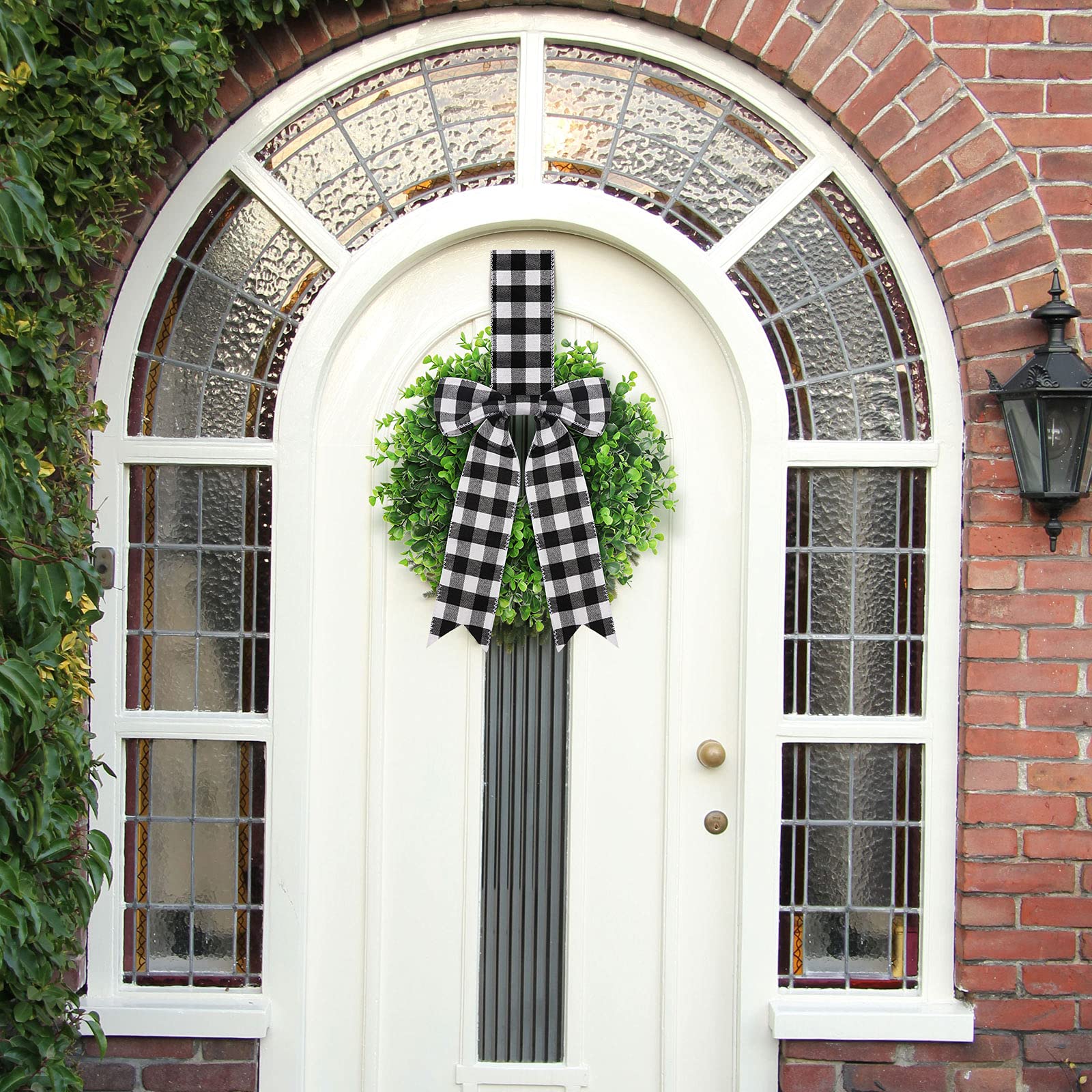 Artificial Eucalyptus Wreath Greenery Hanging Wreath Kitchen Cabinet Wreath with Buffalo Plaid Bow Black and White Check Bow for Christmas Front Door Home Wall Porch Patio Garden Decor
