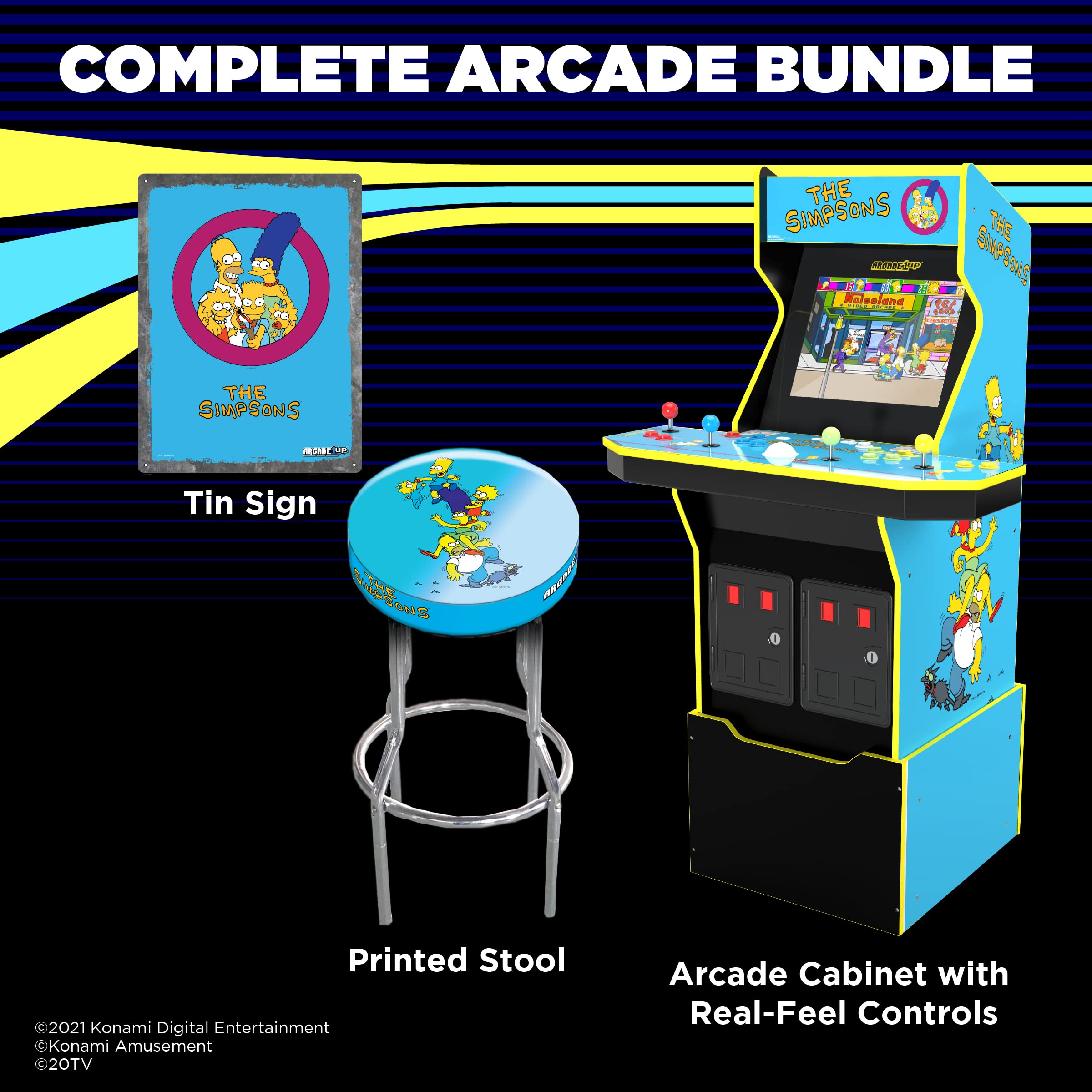 Arcade1Up The Simpsons Arcade Machine, 4-Foot β 4 Player Arcade Game Machine for Home, Live WiFi Enabled β Includes Custom Arcade Game Riser, Adjustable Stool, Light-Up Marquee, and Tin Wall Sign