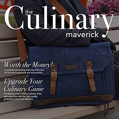Chef Messenger Knife Bag | Waxed Canvas Chef Knife Bag | Waterproof Material | Chefs Case with 24+ Pockets for Knives & Utensils | Culinary Gifts For Chefs & Students | Sturdy Travel Chef Bag (Blue)
