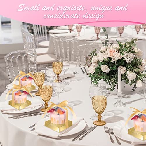 50 Pcs Clear Cupcake Boxes Individual 3.5 Inch Plastic Cupcake Containers Single Cupcake Boxes with Inserts and Ribbon Individual Cupcake Holders Cupcake Storage for Cake Dessert Carrier(Gold, Gold)
