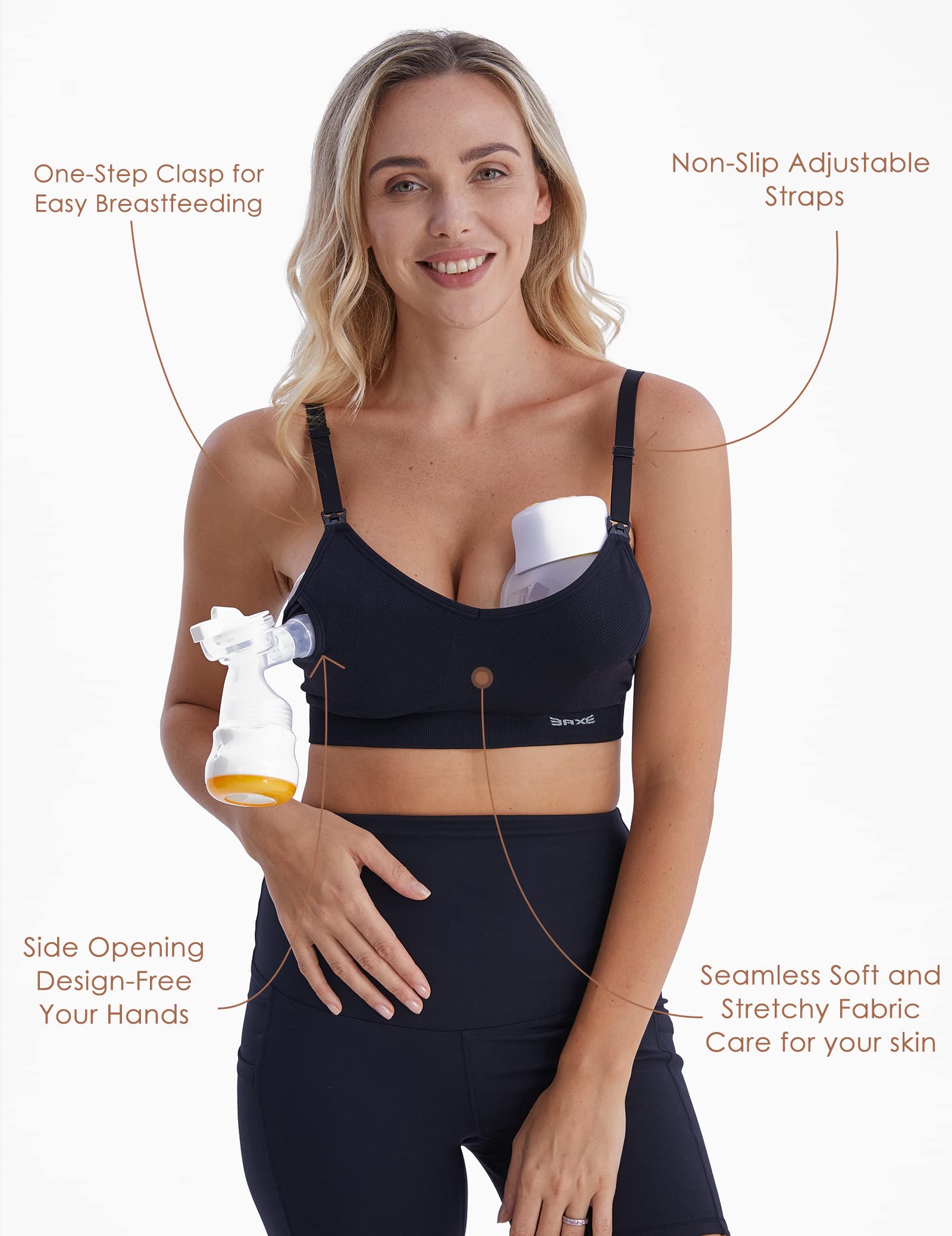 3AXE Hands Free Pumping Braor Women 2 Pack Supportive Comfortable All Day Wear Pumping and Nursing Bra in One Holding Breast Pump Black Beige Large