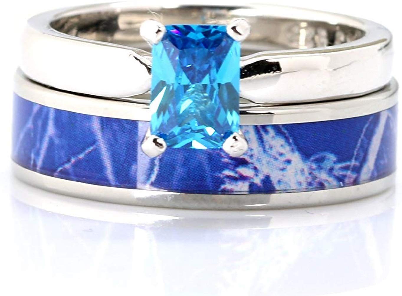 2 pc Womens Blue Camo Stainless Steel and Sterling Silver Engagement Wedding Rings Set (10)