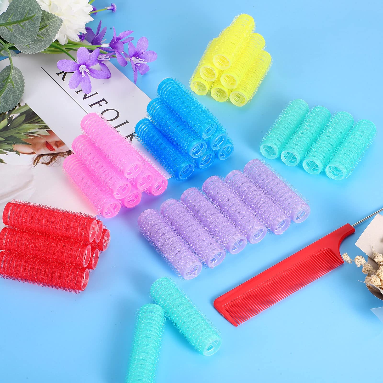 Syhood 36 Pieces Nylon Hair Rollers Curlers Set, Small Self Grip Salon Hairdressing Curlers Hair Rollers DIY Rat Tail Comb Hairdressing Tools for Women, Classic Colors Set