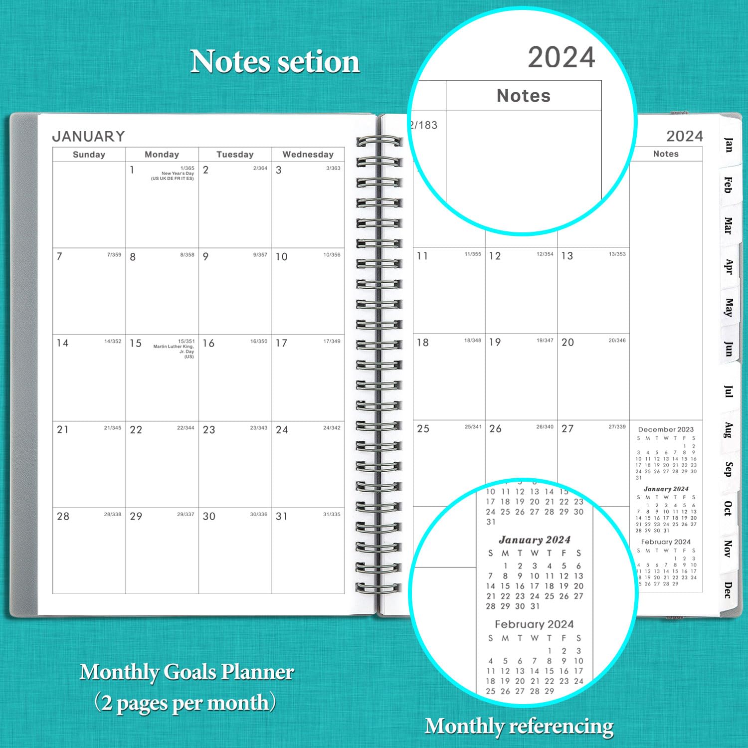 2024 Planner - Planner 2024 from January 2024 - December 2024, Planner with Weekly & Monthly Spreads, 6.25" x 8.3", 12 Monthly Tabs, Strong Twin-Wire Binding
