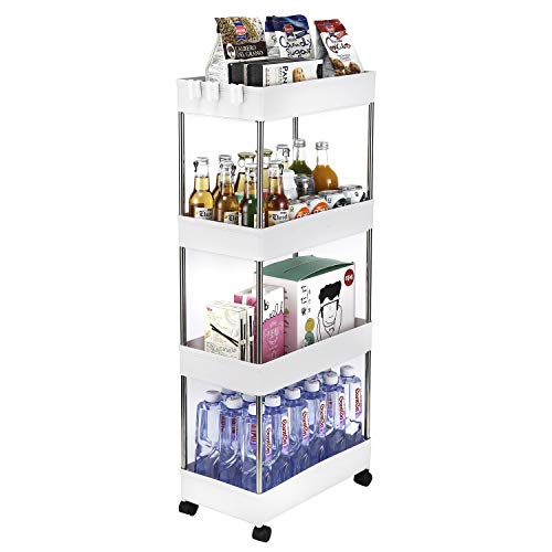 4 Tier Slim Storage Cart, Bathroom Storage Organizer Mobile Multi Functional Slim Storage Cart Rolling Utility Cart Tower Rack for Kitchen Bathroom Laundry Narrow Places