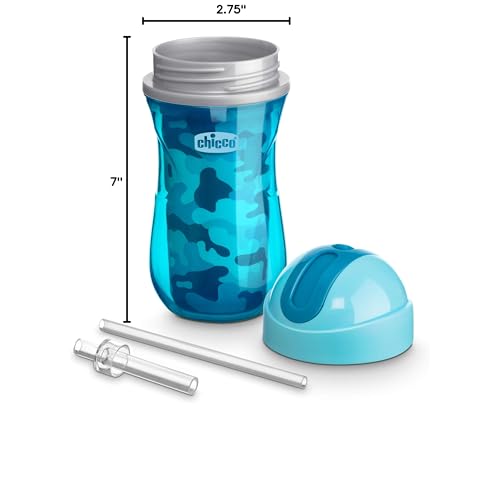 Chicco Insulated Flip-Top Straw Spill Free Baby Sippy Cup, 12 Months+, Blue/Teal, 9 Ounce (Pack of 2)