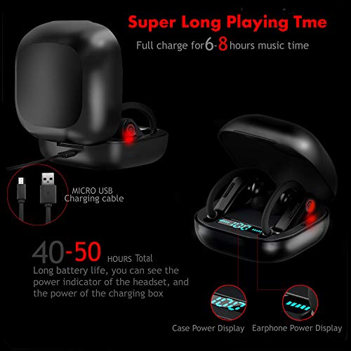 Arkey burds TWS Bluetooth Earbuds V5.0 with Charging Case, True Wireless Stereo Sport Headphones in-Ear Earphones with Mic, Noise Cancelling Headsets with Ear Hooks for iPhone Smartphones (Black/red)