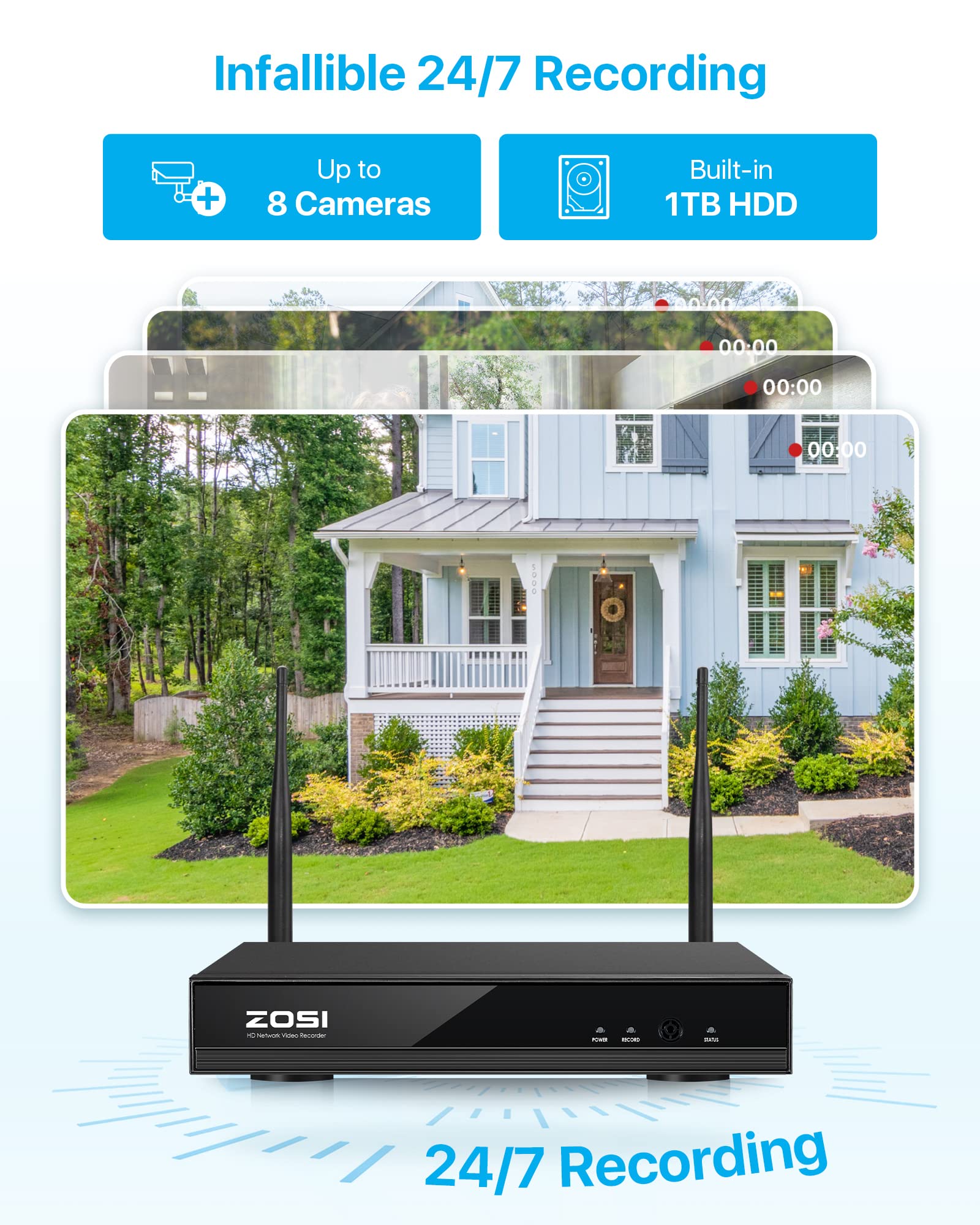 ZOSI 8CH 2K WiFi Security Camera System with 1TB HDD,3MP H.265+ 8 Channel NVR Recorder,4pcs 3MP Outdoor WiFi IP Cameras,Night Vision,Smart Motion Detection,Remote Access,for Home 24/7 Recording