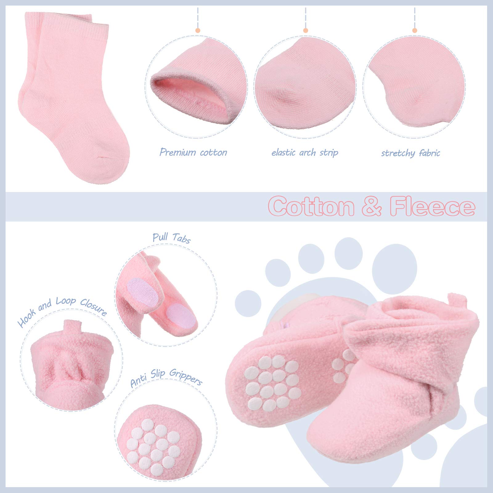 SATINIOR 3 Pairs Unisex Cozy Fleece Baby Booties with 3 Pairs Infant Cotton Socks (White, Gray, Pink,0-6 Months)